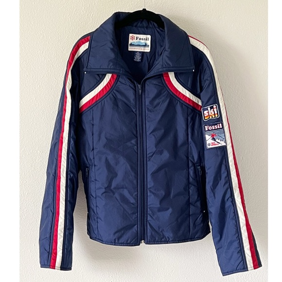 Fossil | Jackets & Coats | Fossil Retro Blue Striped Sporty Ski Racing ...